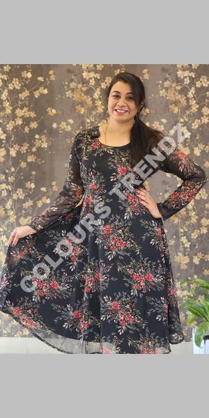 22-03-Georgette Trendy Full Sleeve Frock Kurti(Flower)-Black N Red-22-03-001 – Colours Trendz